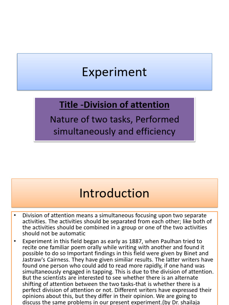 Division Of Attention Different Variables Pdf Attention Experiment