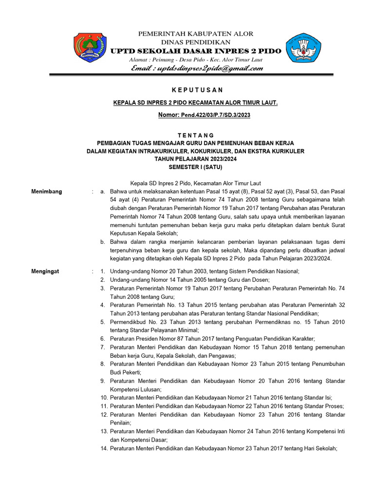 SK Pembagian Tugas Mengajar 2 (Panduanmengajar - Com) | PDF