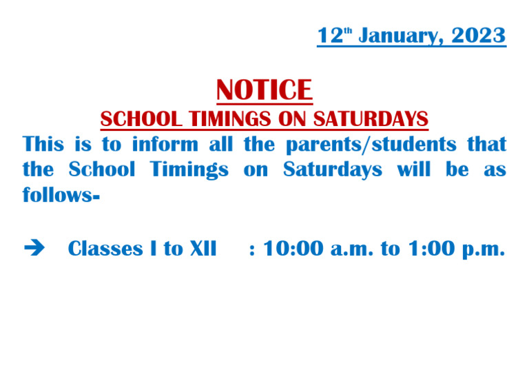 Saturday School Timing Notice | PDF