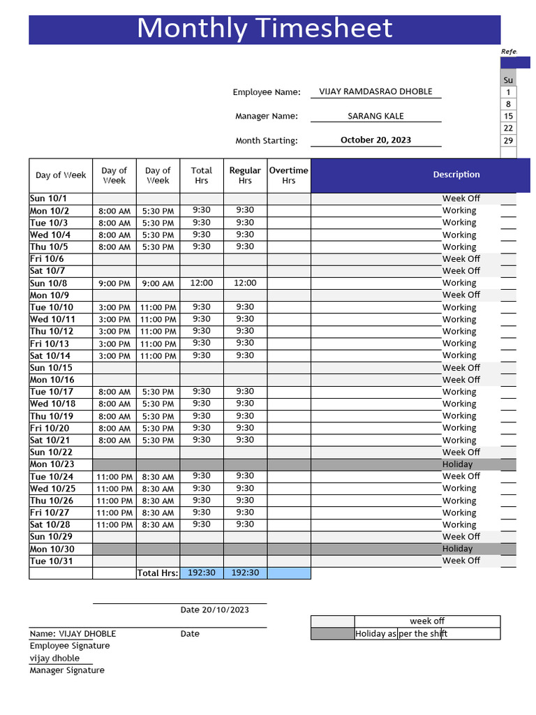 Timesheet For OCT - 2023 | PDF