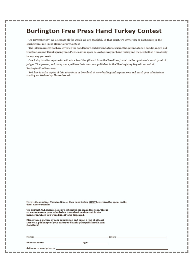 2023 Burlington Free Press Hand Turkey Contest Entry Form | PDF