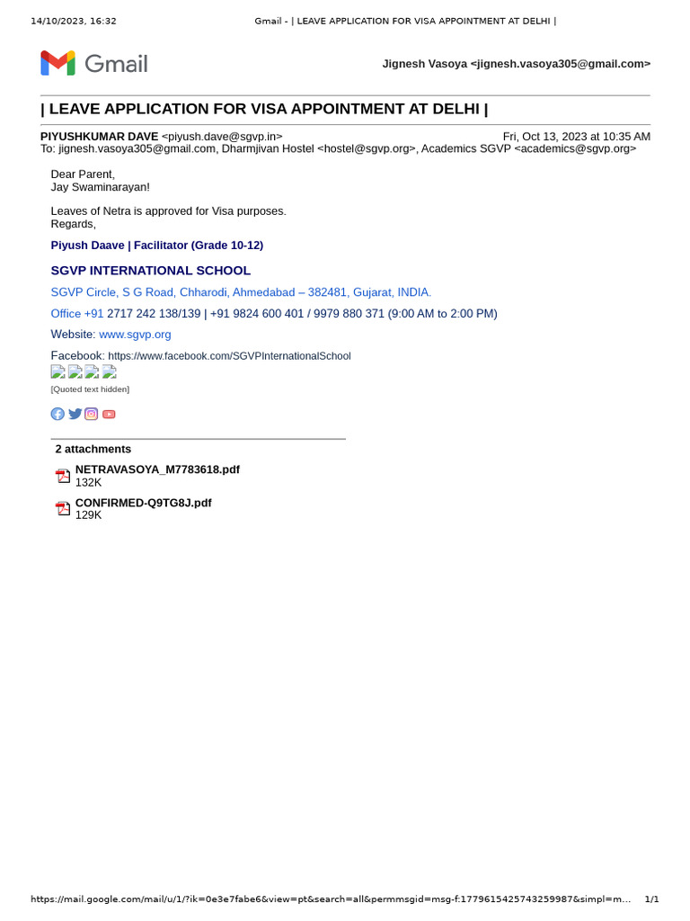 Gmail - _ LEAVE APPLICATION FOR VISA APPOINTMENT AT DELHI _ | PDF