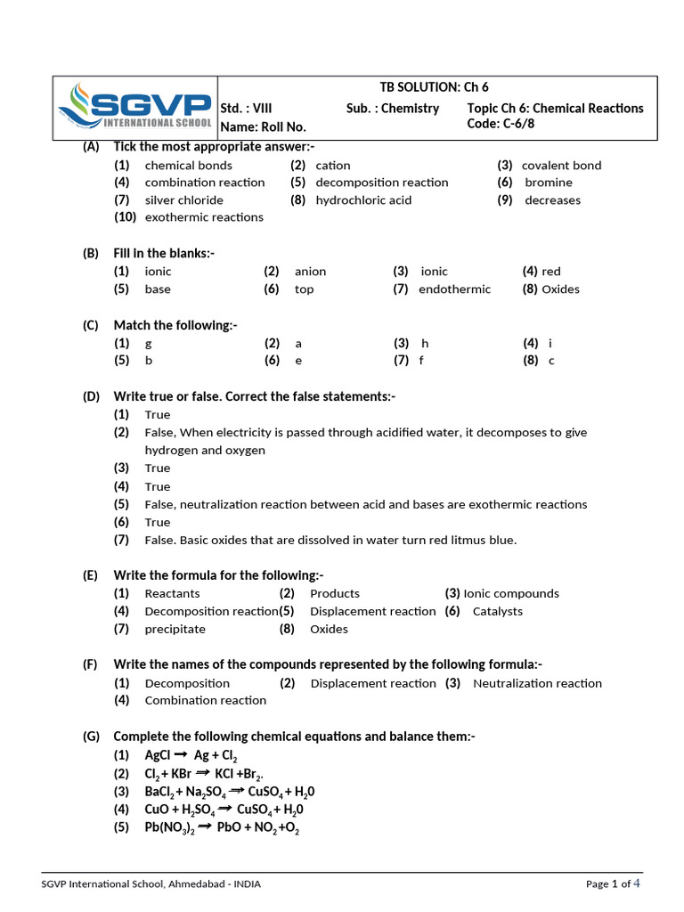 Chemical Reactions Worksheet & Answers | PDF | Chemical Reactions | Oxide
