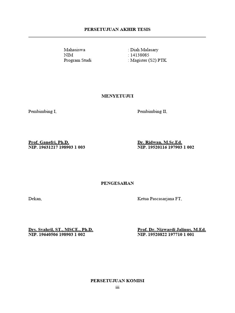 Persetujuan Tesis Diah Malasary S2 PTK | PDF