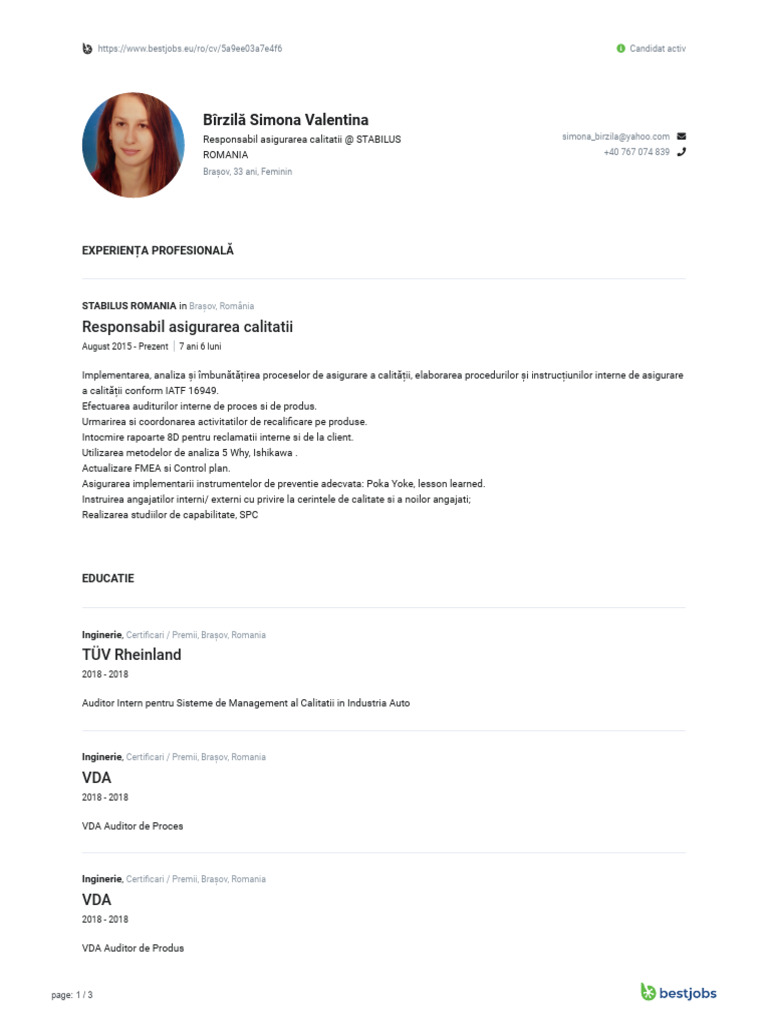 CV Birzila Simona Valentina | PDF