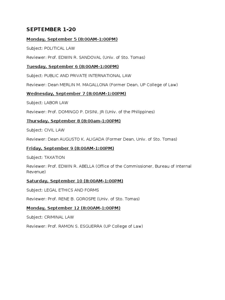 September Law Review Schedule 2023 | PDF | Law School | Legal Education