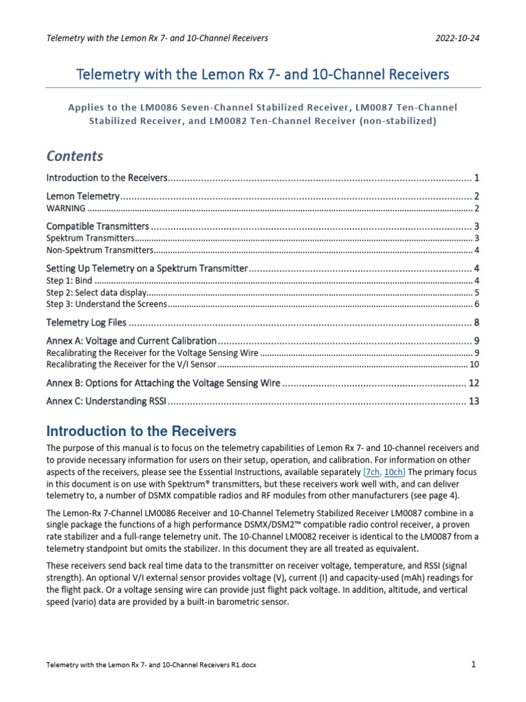 Telemetry With The Lemon RX 7 - and 10-Channel Receivers R1.1 | PDF
