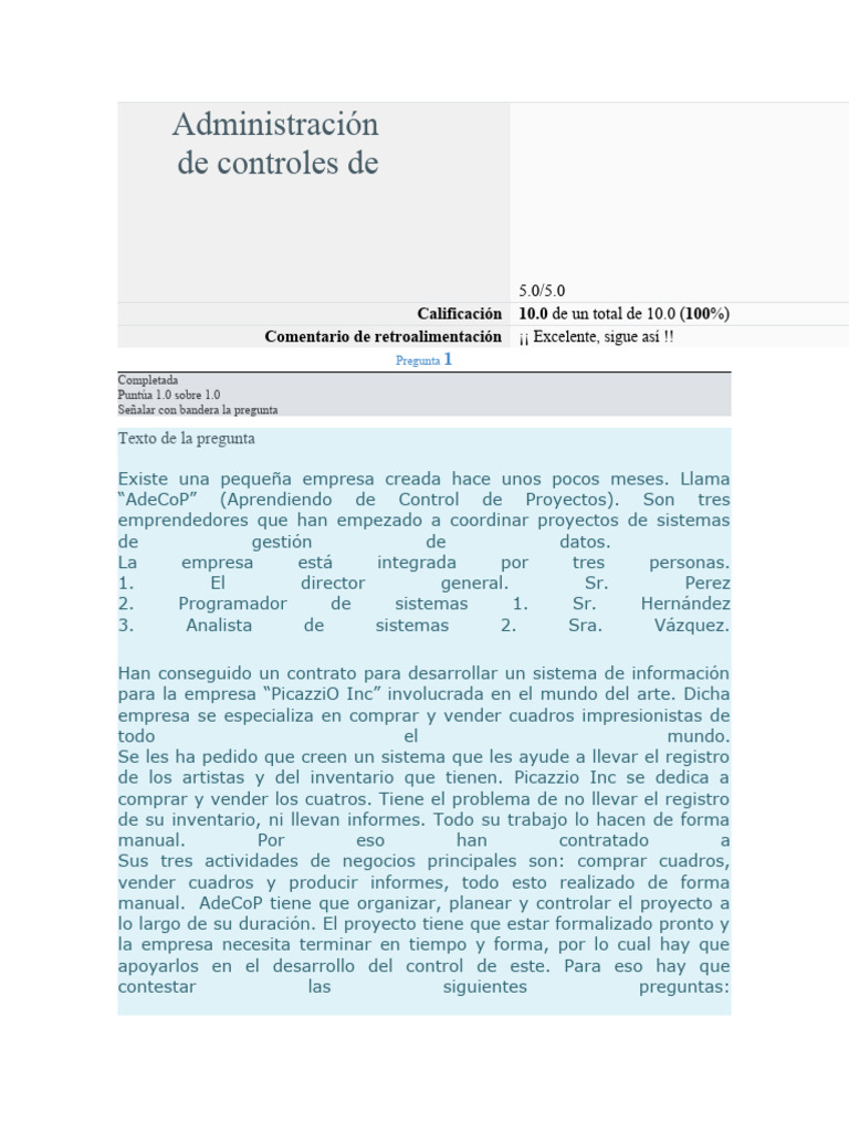 Evaluacion Semana 3 Administracion de Controles | PDF | Planificación | Diseño