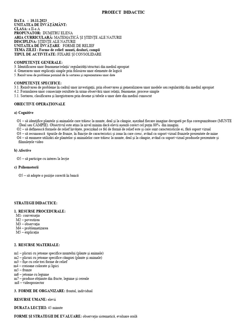 Forme de Relief Proiect Lectie Stiinte Cls II | PDF