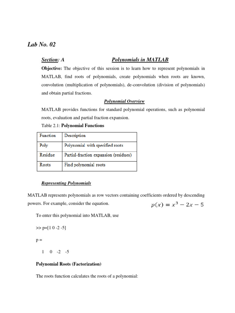 Lab-2-Course Matlab Manual For LCS | PDF | Laplace Transform | Polynomial Lab-2-Course Matlab Manual For LCS | PDF | Laplace Transform | Polynomial