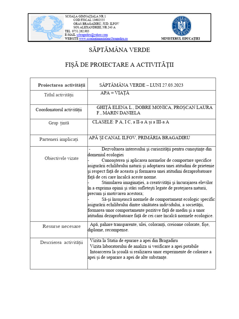 fisa de proiectare a activitatii APA = VIAȚĂ | PDF