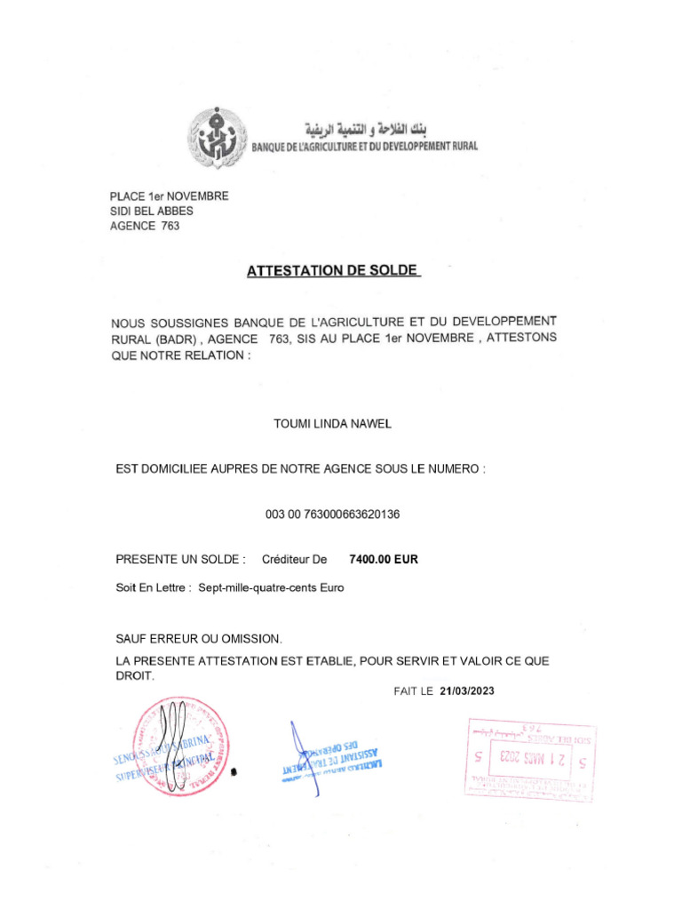 Attestation de Solde Mars 2023 | PDF