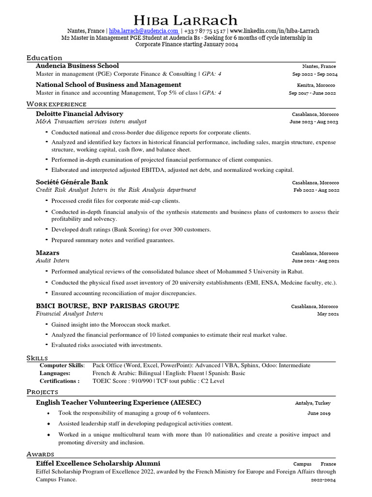 Resume - Hiba Larrach | PDF | Balance Sheet | Working Capital