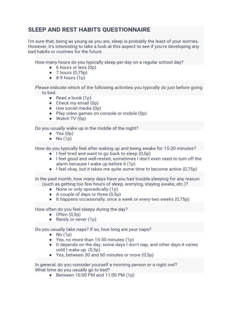 Sleep and Rest Habits Questionnaire | PDF Sleep and Rest Habits Questionnaire | PDF