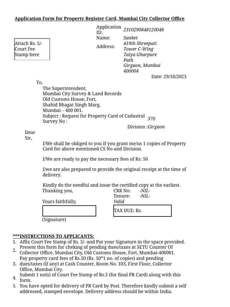 Mumbai Property Card Application Form | PDF