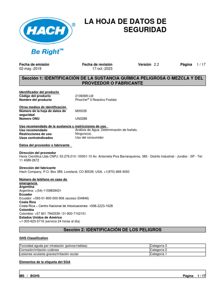PhosVer® 3 Reactivo Fosfato | PDF | Solubilidad | Toxicología