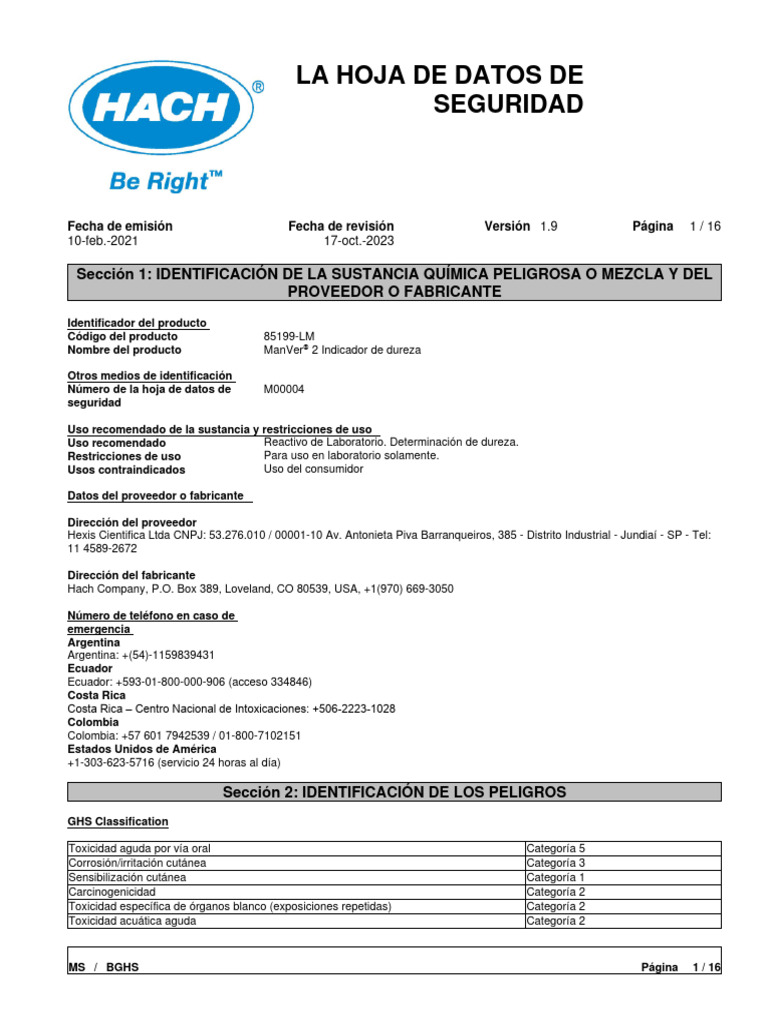 Manver® 2, Indicador de Dureza | PDF | Toxicología | Ácido clorhídrico