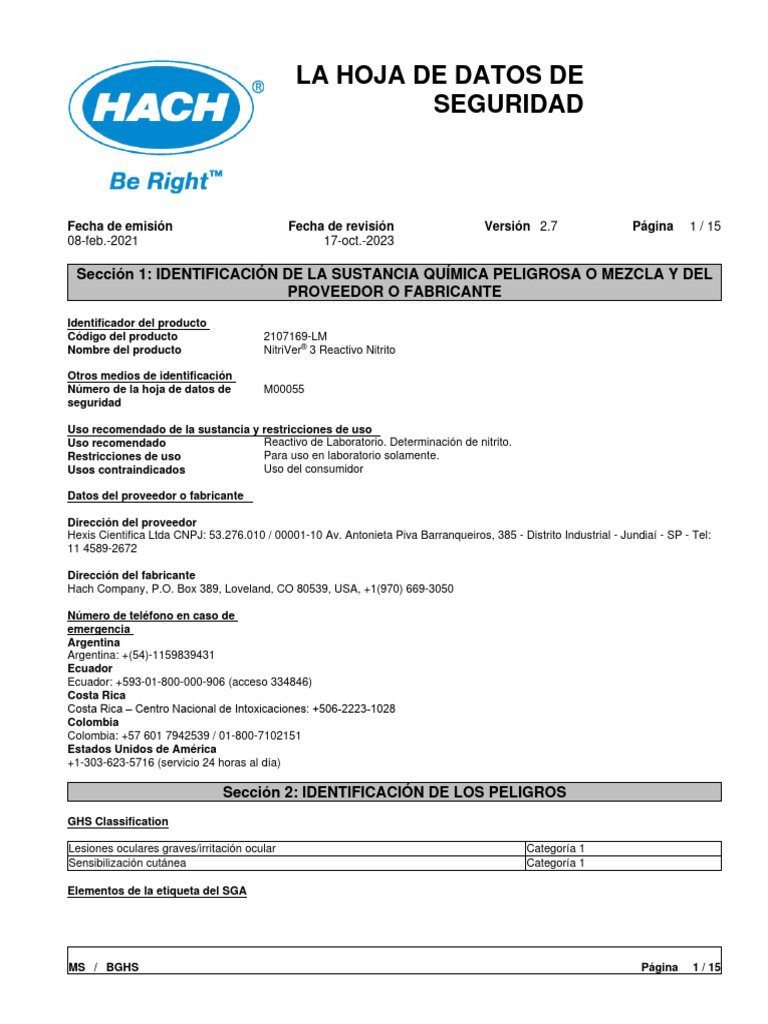 NitriVer® 3 Reactivo de Nitrito | PDF | Toxicología | Toxicidad