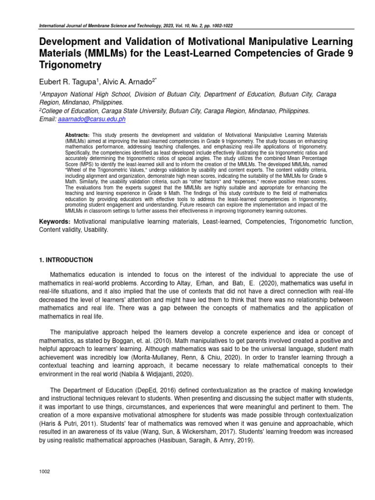 Development and Validation of Motivational Manipulative Learning Materials (MMLMS) For The Least ...