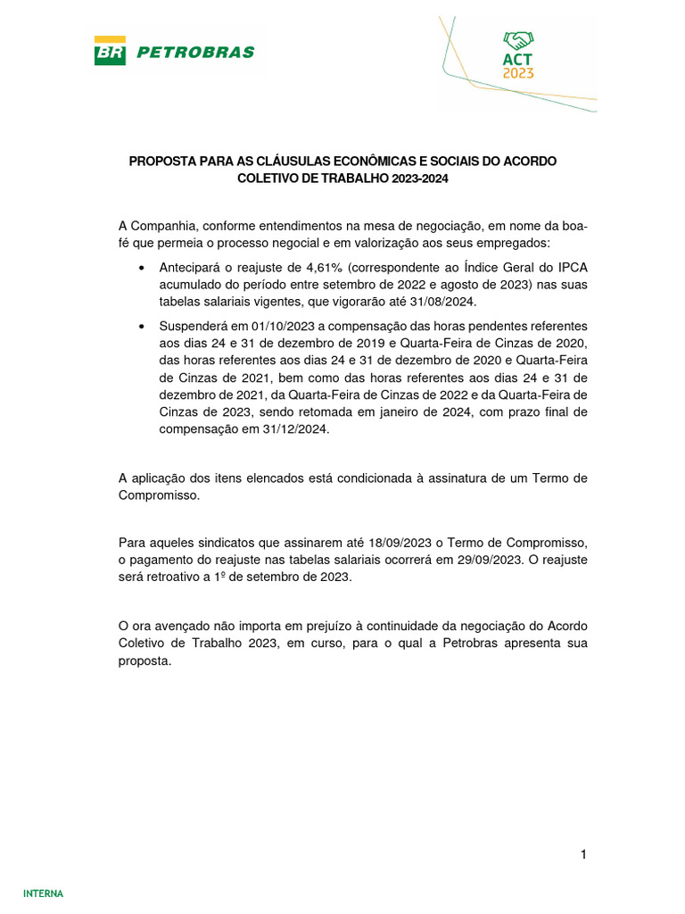 ACT 2023 2024 Primeira Proposta Petrobras 12-09-23 | PDF