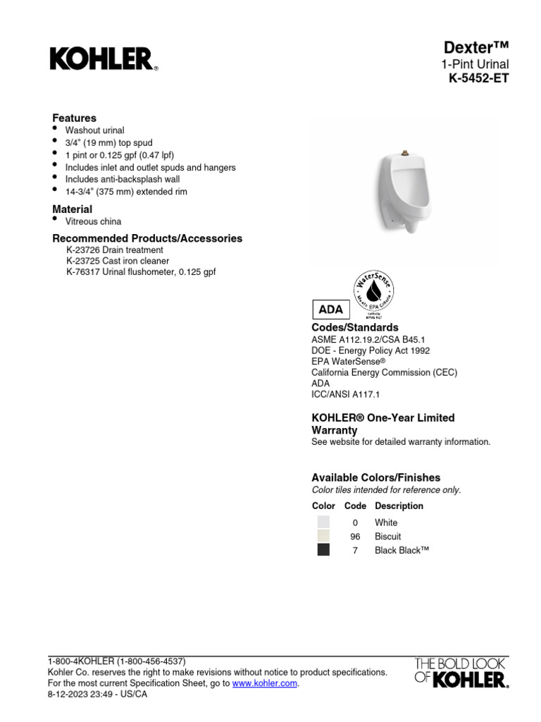 5452-ET Spec US-CA Kohler en | PDF | Pressure