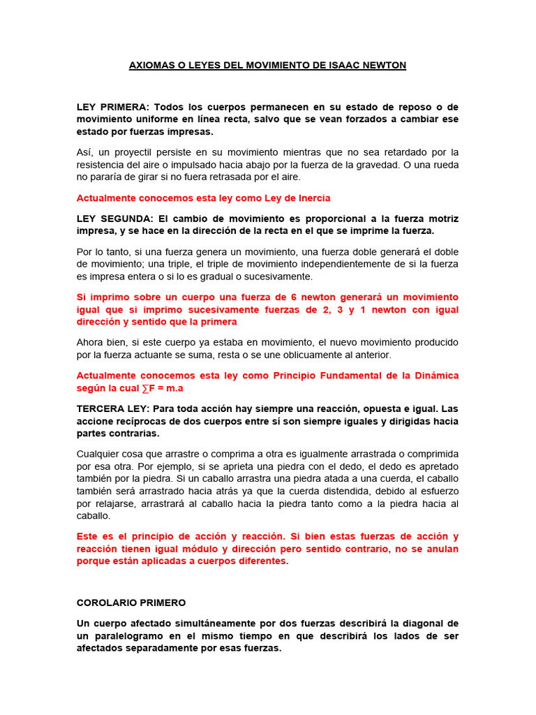 AXIOMAS O LEYES DEL MOVIMIENTO DE ISAAC NEWTON | PDF | Fuerza | Las leyes del movimiento de Newton