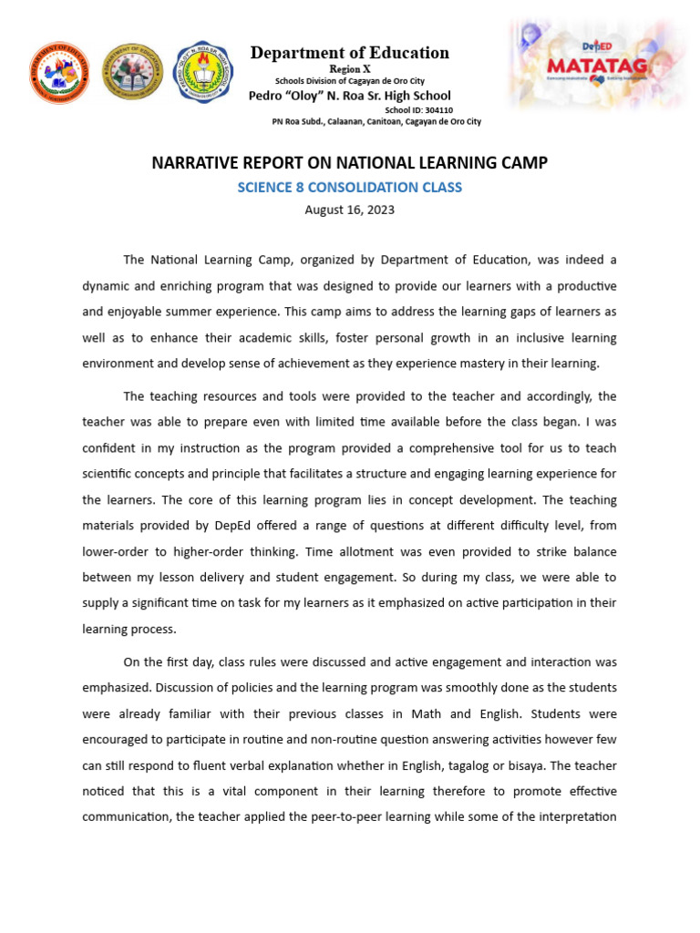 Narrative Report Aug 16 | PDF | Learning | Teachers