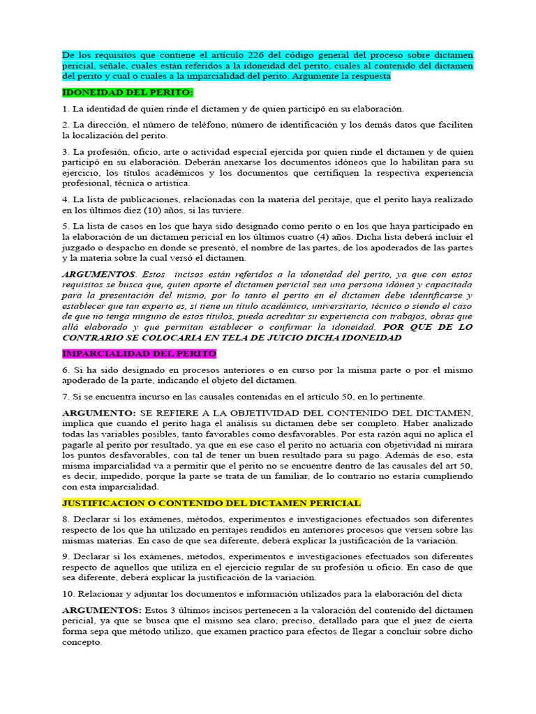 El Dictamen Suscrito Por El Perito Deberá Contener | PDF | Testigo experto