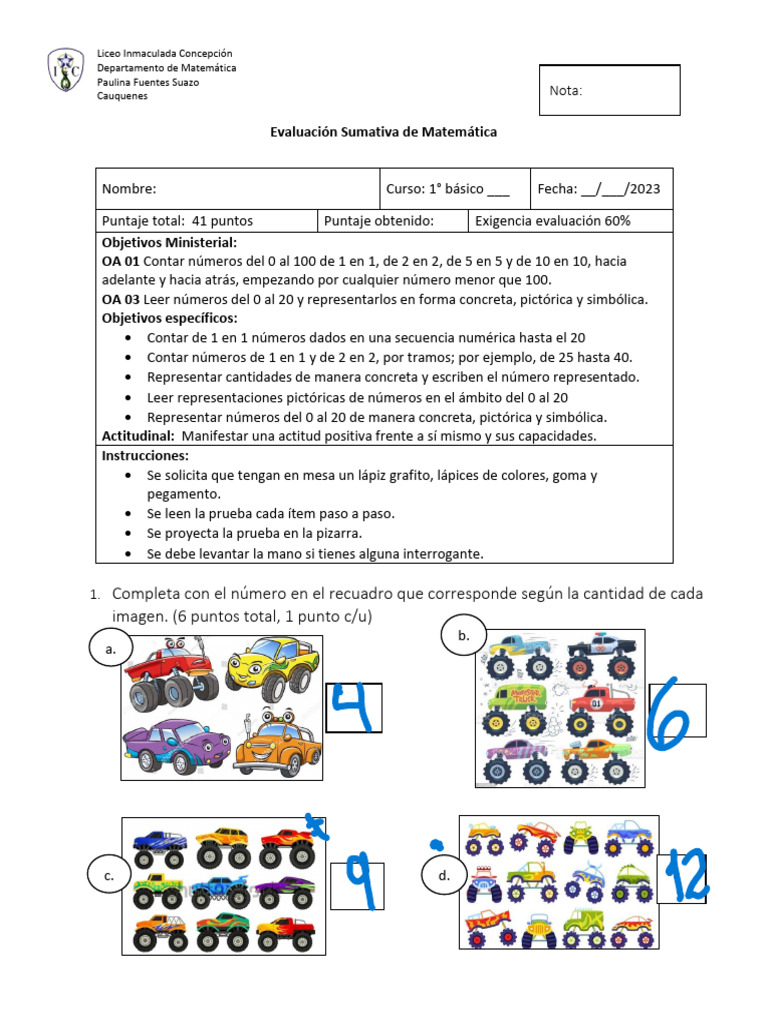 01 Evaluación Sumativa De Matemática 1a B Paulina Fuentes Pdf 1418