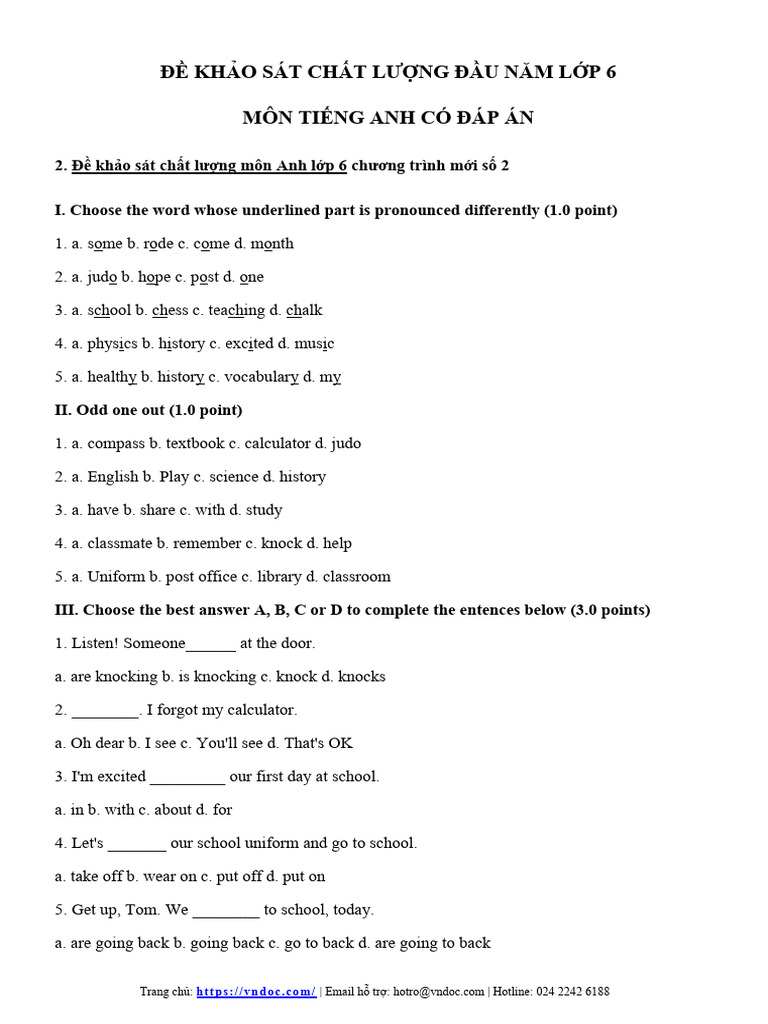 De Khao Sat Chat Luong Dau Nam Mon Tieng Anh Lop 6 Co Dap An | PDF