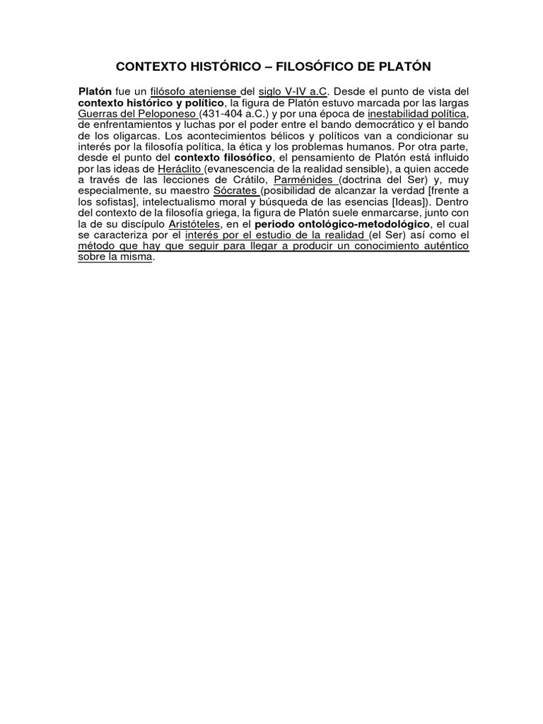 RESUMEN. Contexto Histórico-Filosófico de Platón | PDF