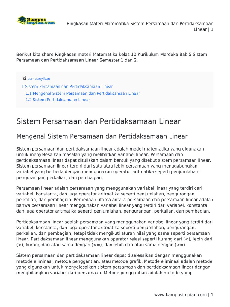 Ringkasan Materi Matematika Sistem Persamaan Dan Pertidaksamaan Lin | PDF Ringkasan Materi Matematika Sistem Persamaan Dan Pertidaksamaan Lin | PDF