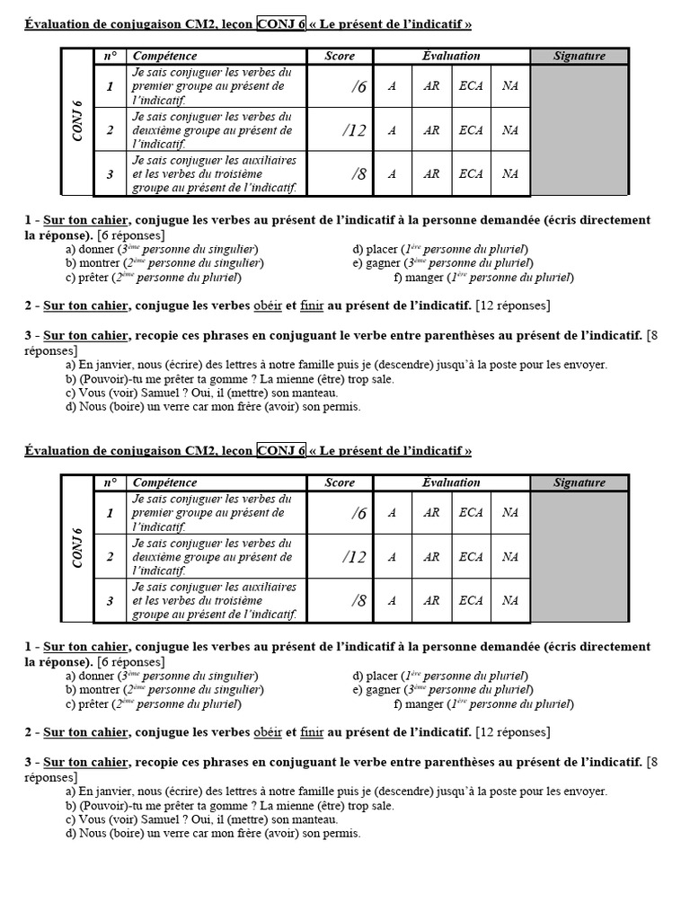 CM2 Le Present de Lindicatif Evaluation | PDF
