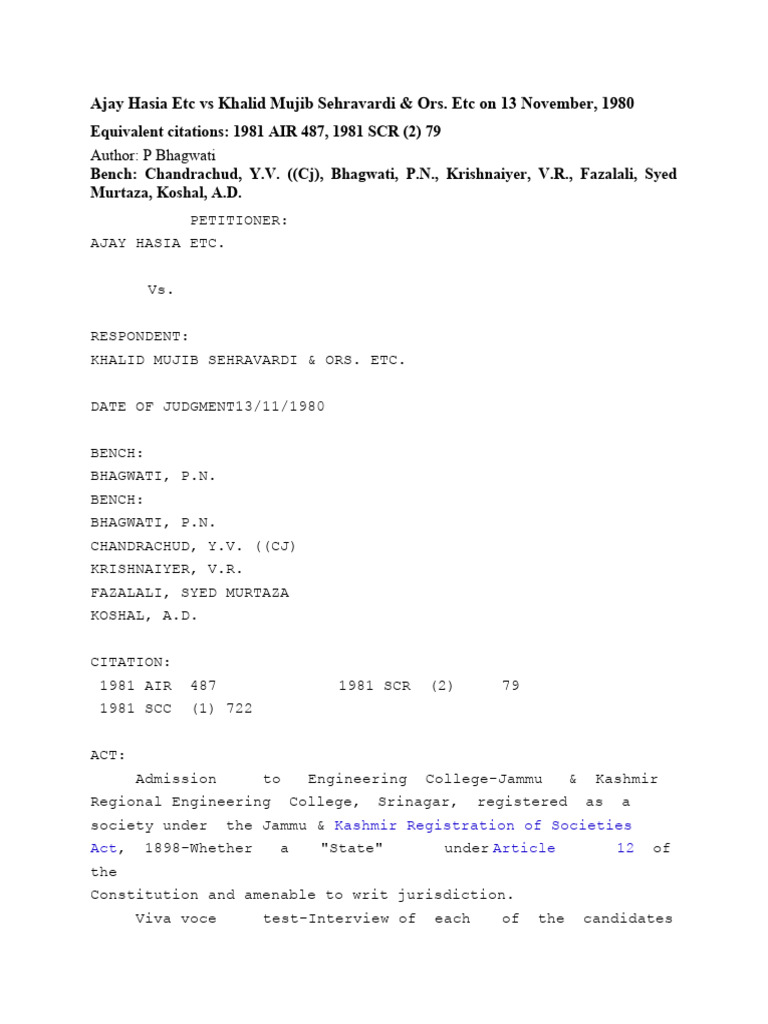 Ajay Hasia and RD Shetty Case | PDF | University And College Admission | Human Rights