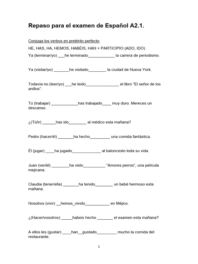 Repaso para El Examen de Español A2.1 | PDF