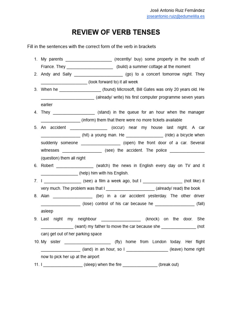 Verb Tenses Exercises | PDF | Linguistics