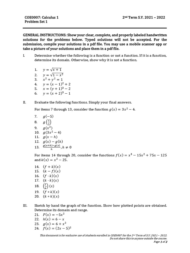Calculus 1 Problem Set | PDF | Function (Mathematics) | Mathematical Analysis