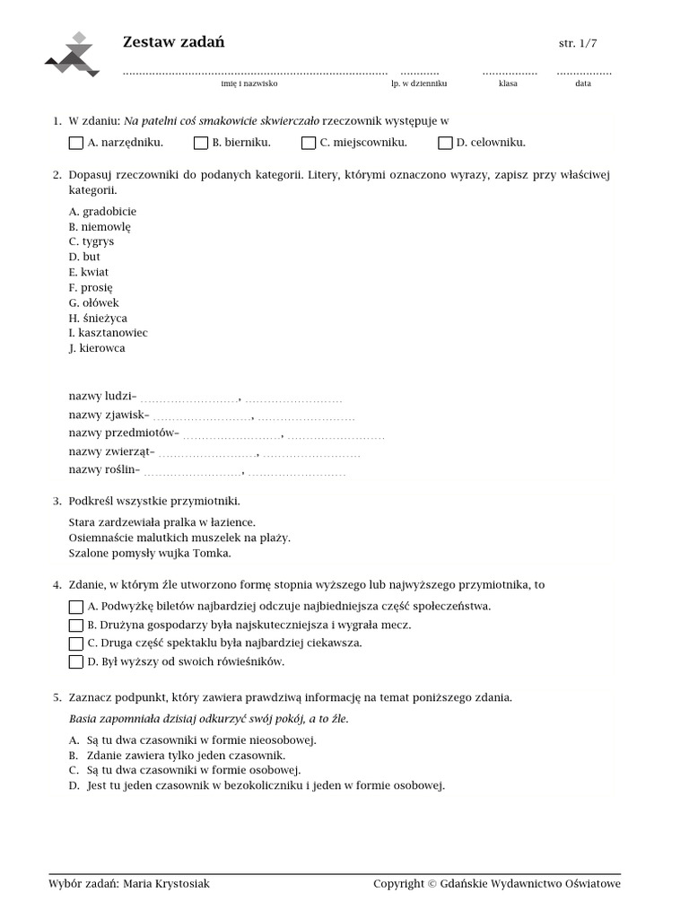 Części Mowy - Powtórzenie Klasa 5 | PDF