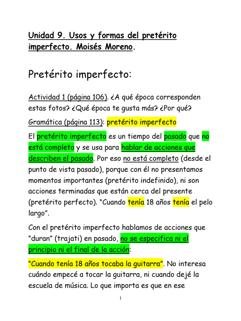 Unidad 9. Usos y Formas Del Pretérito Imperfecto | PDF
