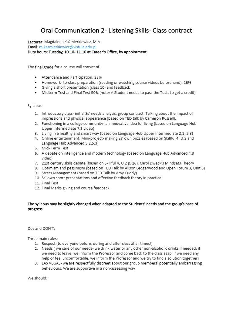 Oral Communication2 Listening Skills Class Contract | PDF | Learning | Communication