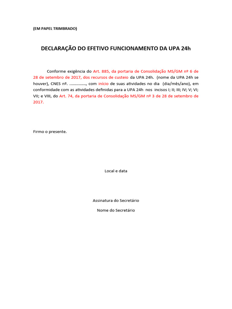 Declaracao de Efetivo Funcionamento Da Upa 24h Revisado | PDF