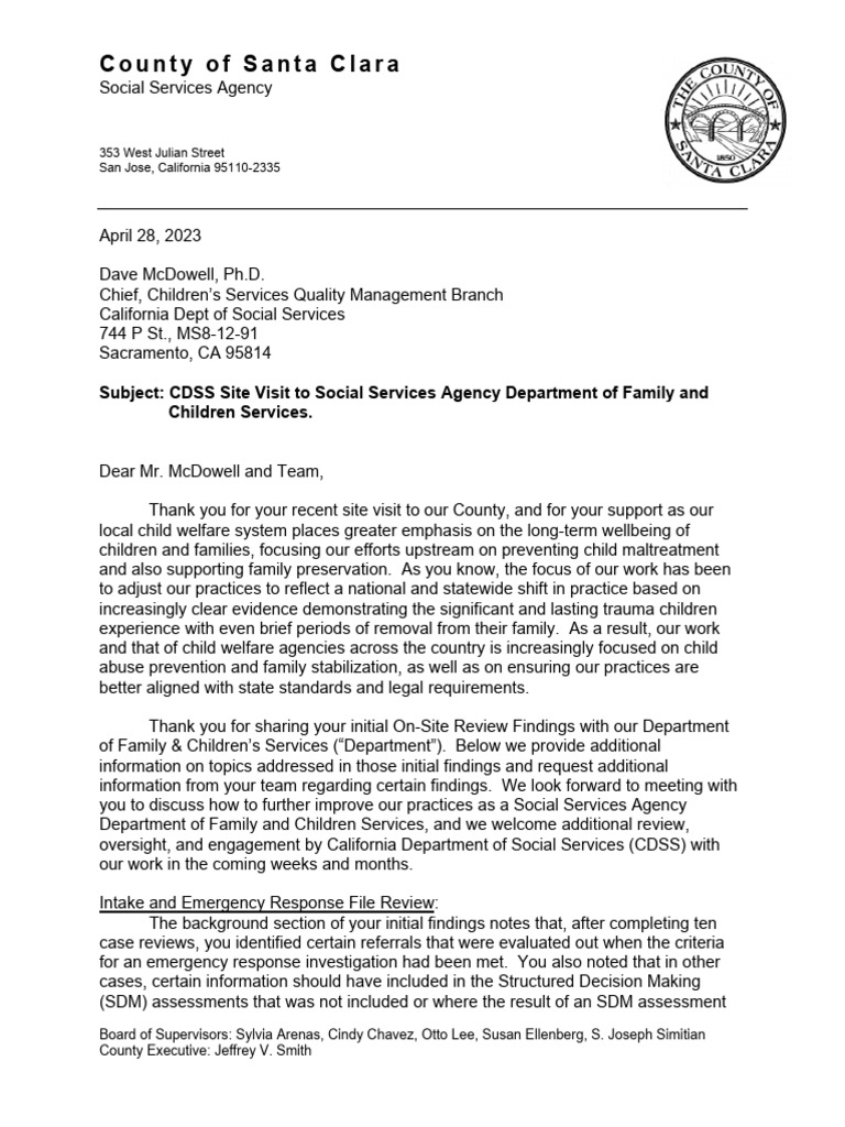 4.28.23 Santa Clara County SSA DFCS Response Letter Re Site Visit | PDF | Child Abuse | Child ...