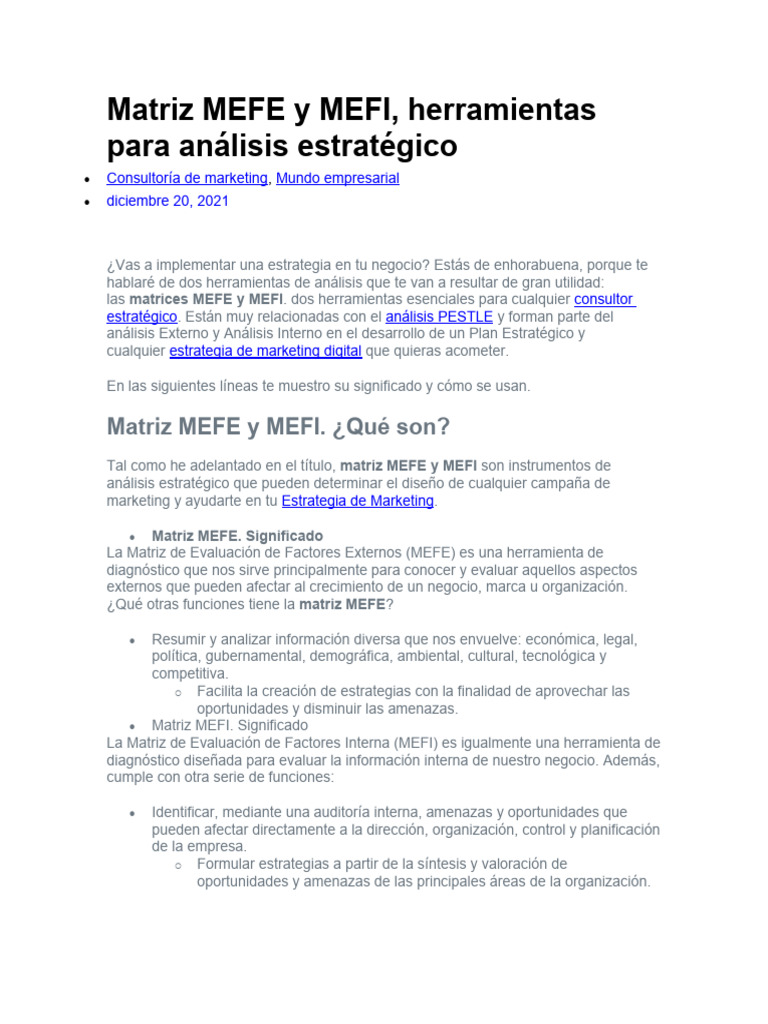 Matriz MEFE y MEFI | PDF | Marketing | Matriz (Matemáticas)