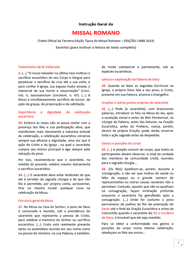 Instrução Geral Do MISSAL ROMANO | PDF