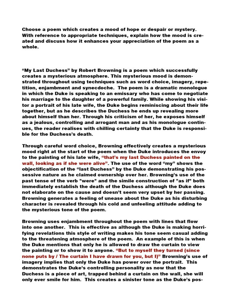 My Last Duchess Essay | PDF