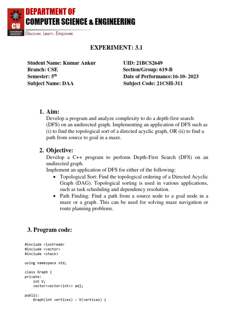 DFS Program for Topological Sort in C++ | PDF