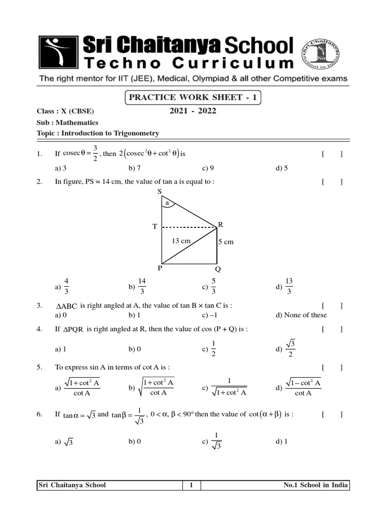06 - Introduction To Trigonometry Practice WS - 1 | PDF | Trigonometric Functions | Trigonometry