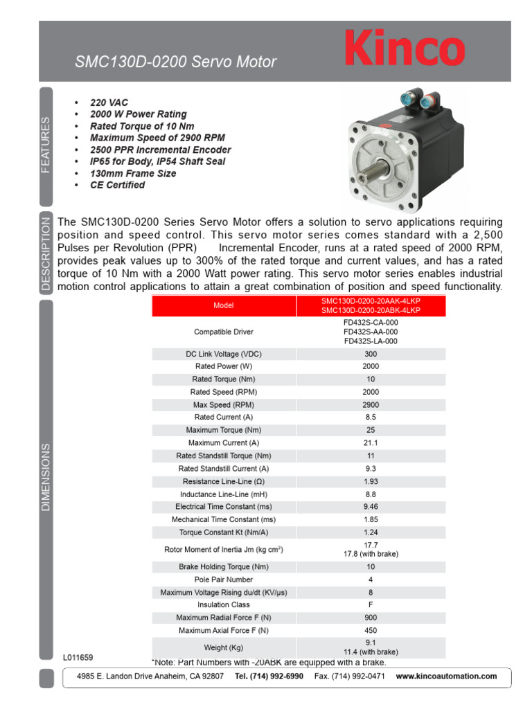 L011659 - Kinco SMC130D-0200 Servo Motor | PDF | Electric Motor | Torque