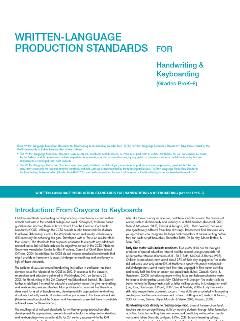 Written Language Production Standards For Handwriting & Keyboarding, PreK-8 | PDF | Letter Case ...