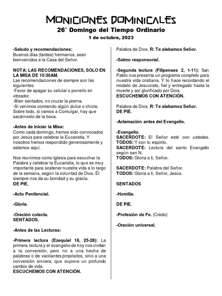 26 y 27 TORd Ciclo A Moniciones Dominicales | PDF | eucaristía | Misa ...
